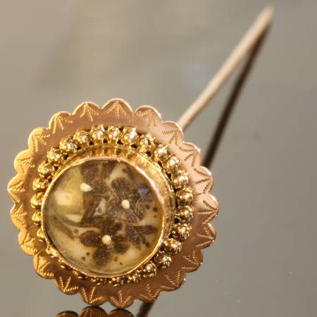 Gold Victorian hat pin or hair pin with hair piece miniature ...