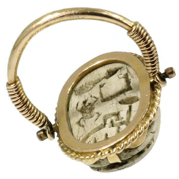 Typical Egyptian scarab ring with cartouched scarab set in gold swivel ...