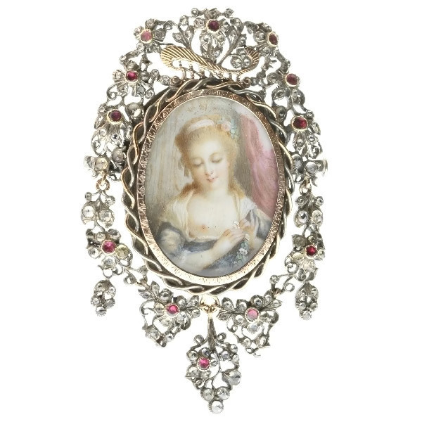 Romantic brooch pendant with painted miniature on ivory and paste ...
