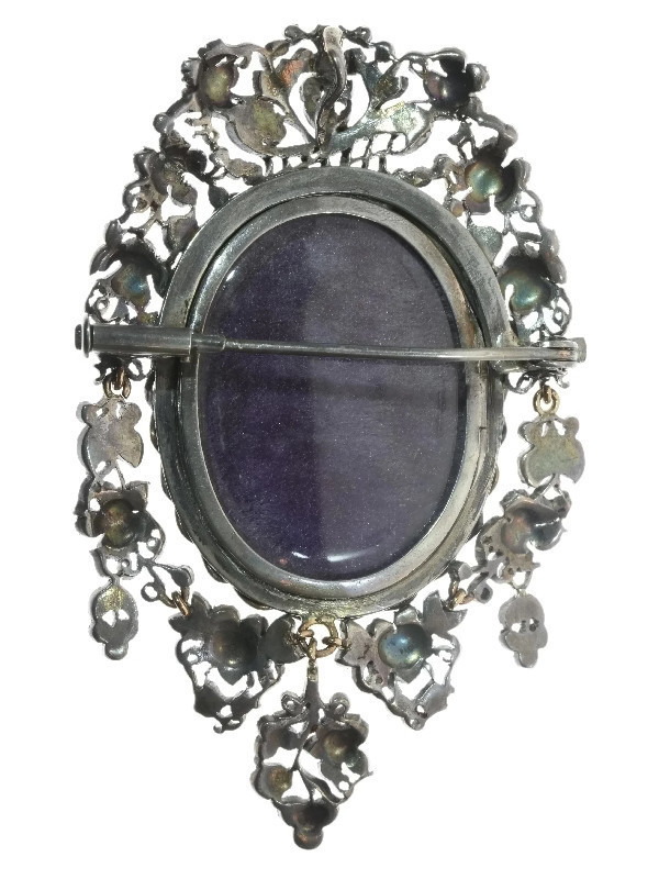 Romantic brooch pendant with painted miniature on ivory and paste ...