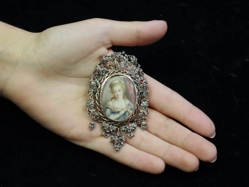Romantic brooch pendant with painted miniature on ivory and paste ...