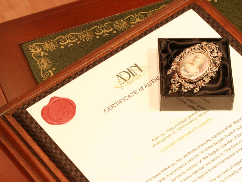 Romantic brooch pendant with painted miniature on ivory and paste ...