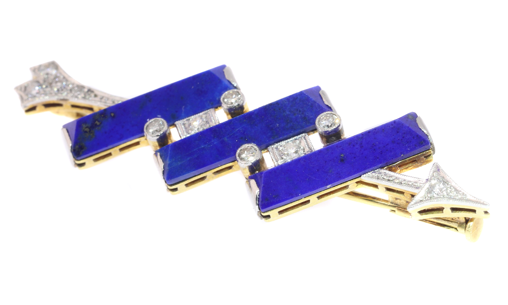 Diamond arrow brooch perforating three solid bars of lapis lazuli ...