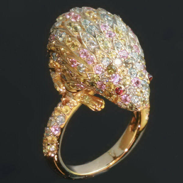 Estate ring, hedgehog set with diamonds and multi colored semi precious ...