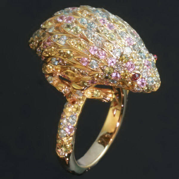 Estate ring, hedgehog set with diamonds and multi colored semi precious ...