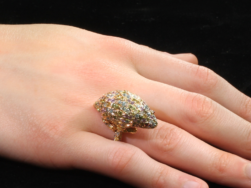 Estate ring, hedgehog set with diamonds and multi colored semi precious ...