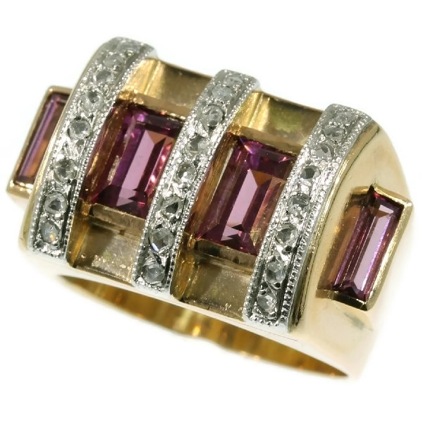 Most peculiar pink gold Retro ring with diamonds and pink rhodolites ...