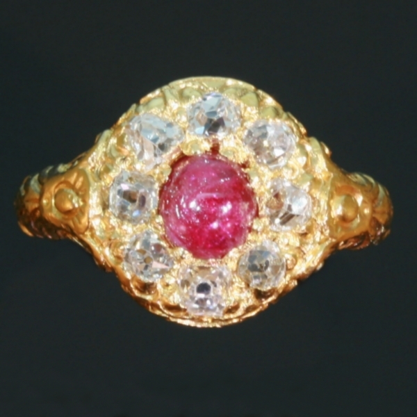 17th Century yellow gold ring with old mine cut diamonds and ruby ...