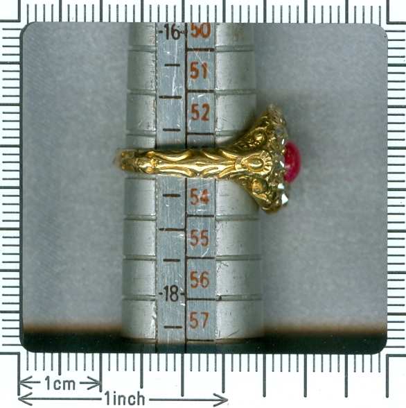 17th Century yellow gold ring with old mine cut diamonds and ruby ...