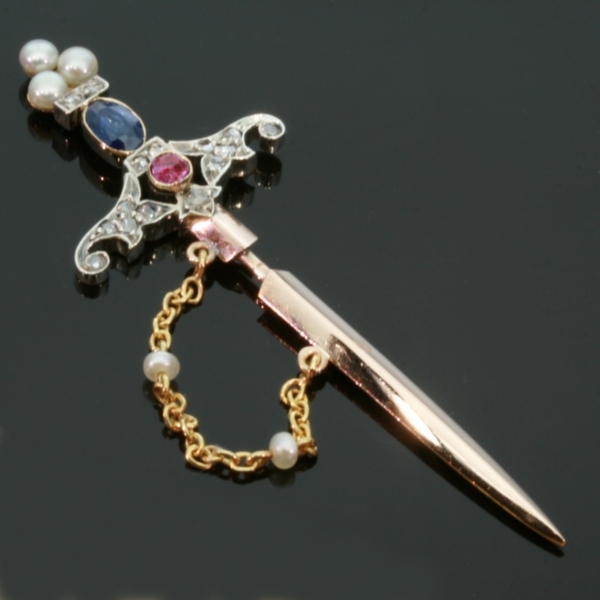 Victorian dagger or sword shaped bejeweled gold lapel pin: Description ...