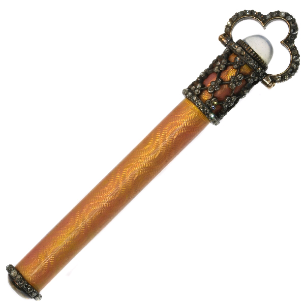 Antique haute joaillerie gold enamel pencil with diamonds and moonstone ...