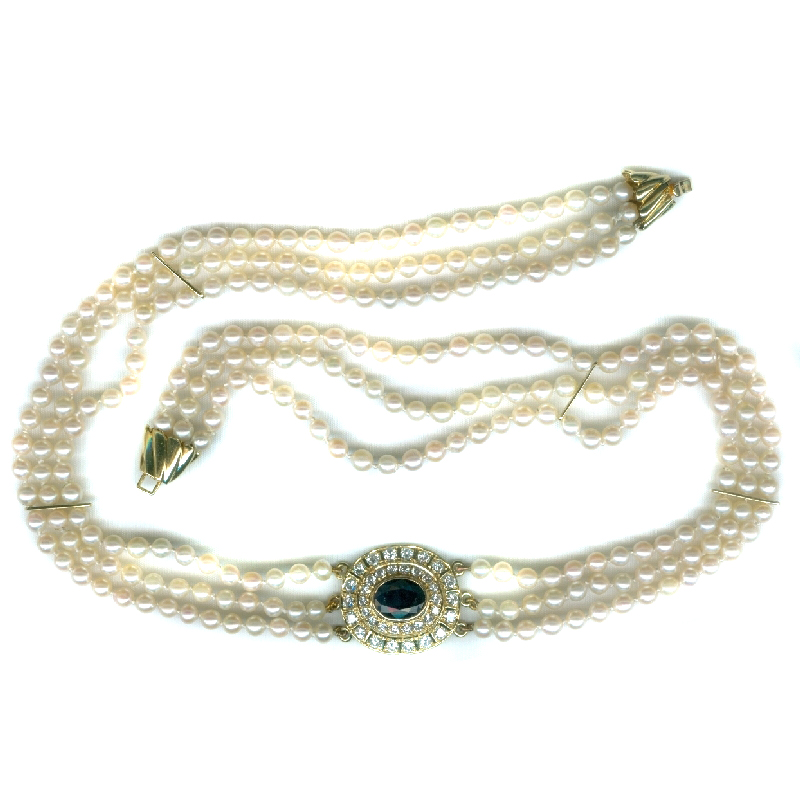 Classic 3 strings pearl necklace with diamond and sapphire center ...